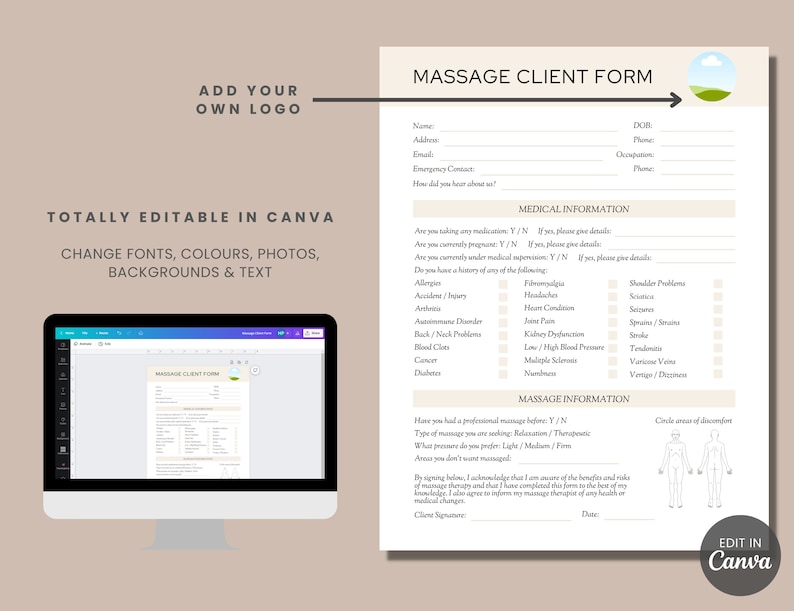 Massage Intake Form Editable Massage Treatment Form CANVA - Etsy