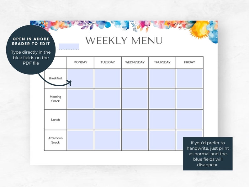 Editable Weekly Daycare Menu, Printable Homeschool Menu, Template for ...