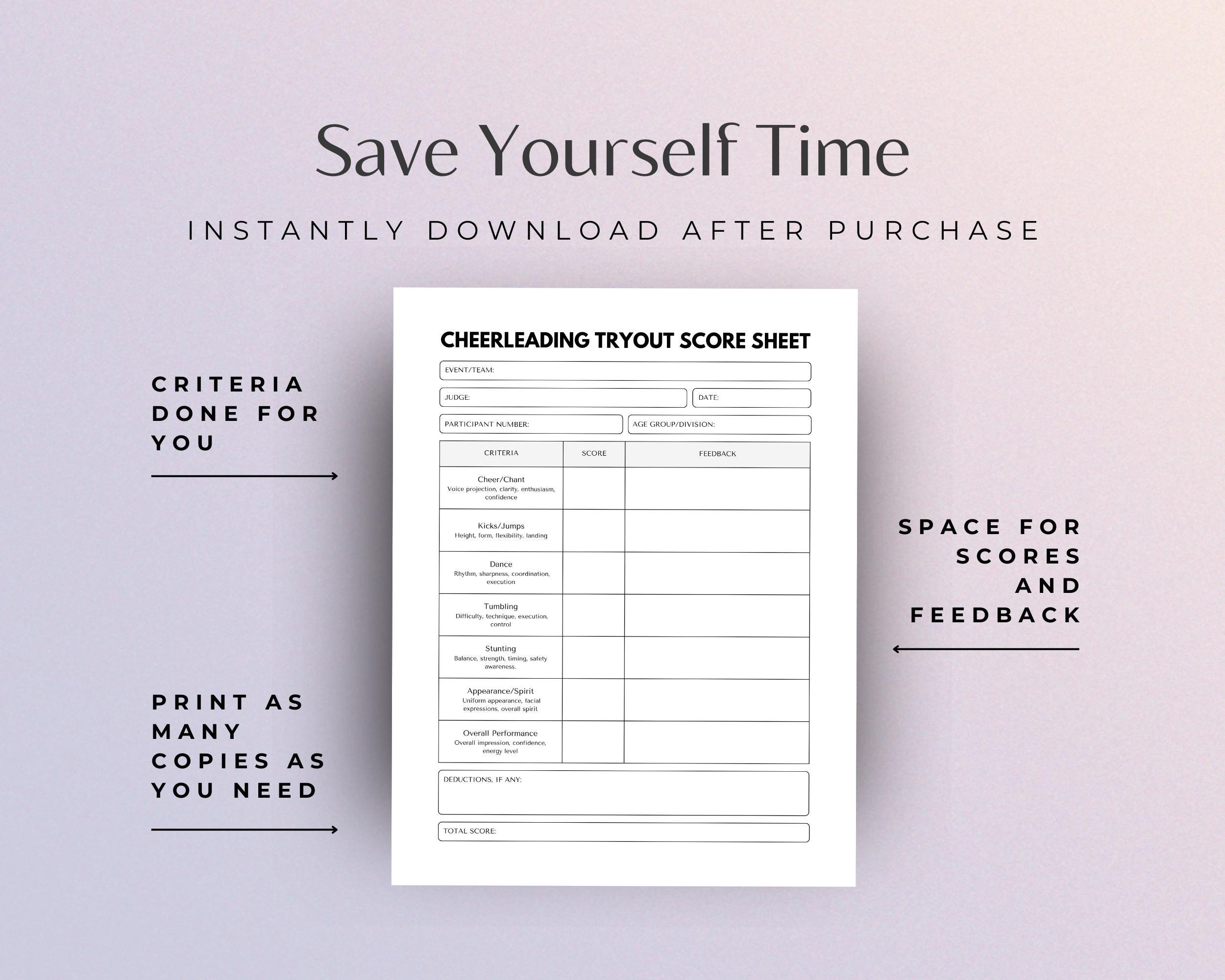 Cheerleading Tryout Score Sheet, Judges Score Card, Printable Judging ...
