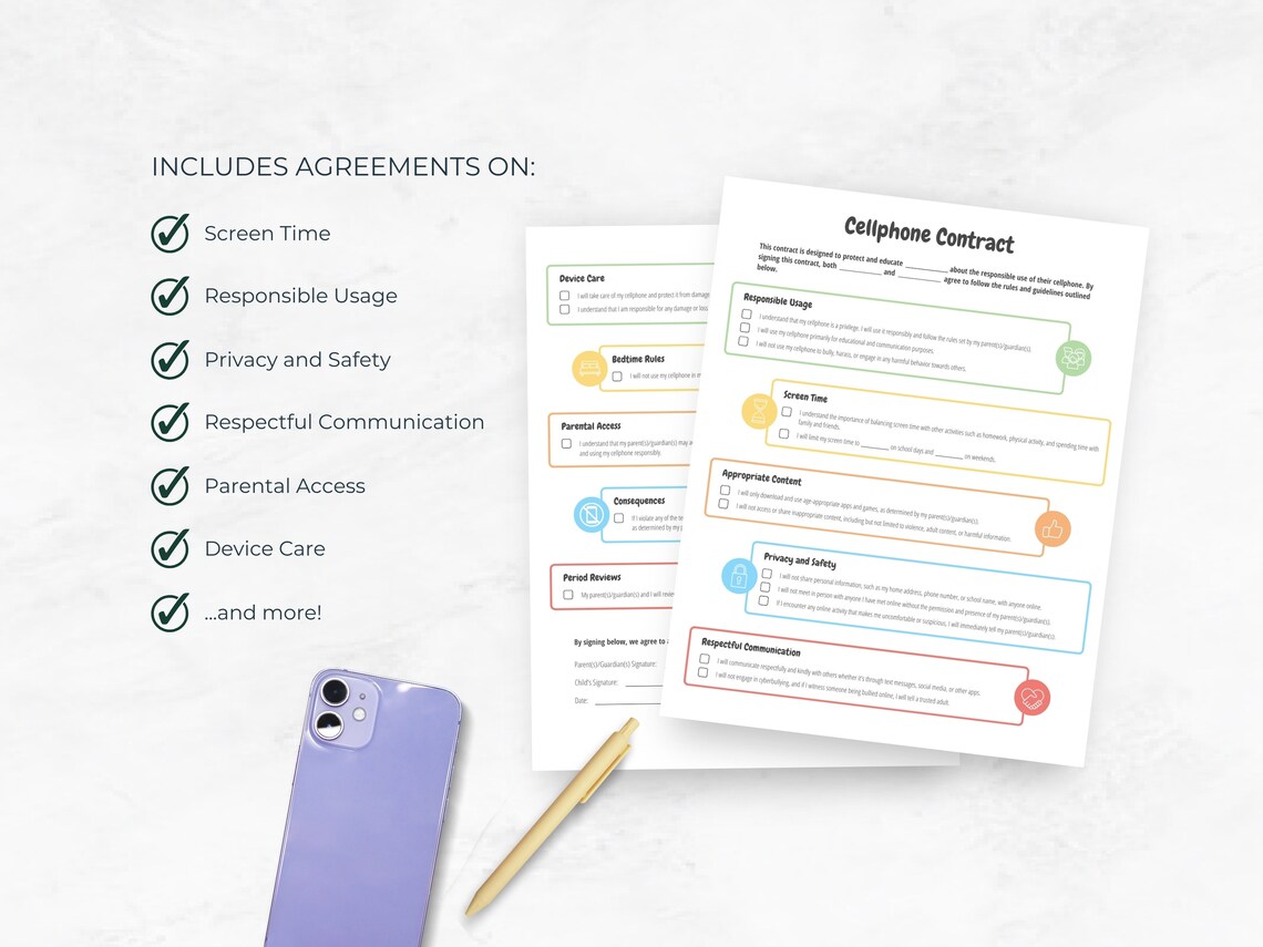 Printable Cell Phone Contract, Mobile Phone Agreement for Kids, First ...