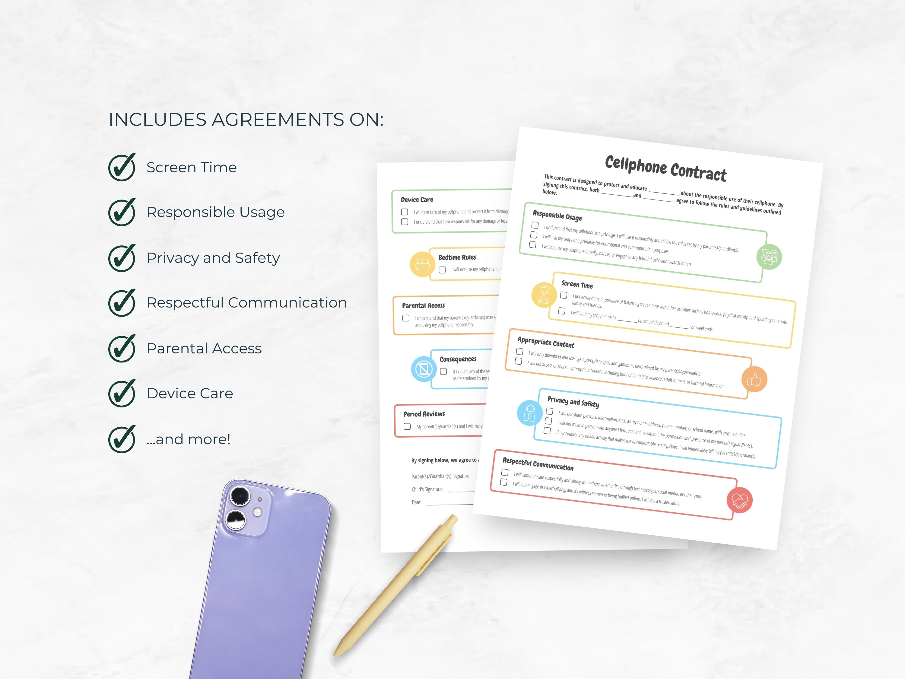 Printable Cell Phone Contract, Mobile Phone Agreement for Kids, First ...