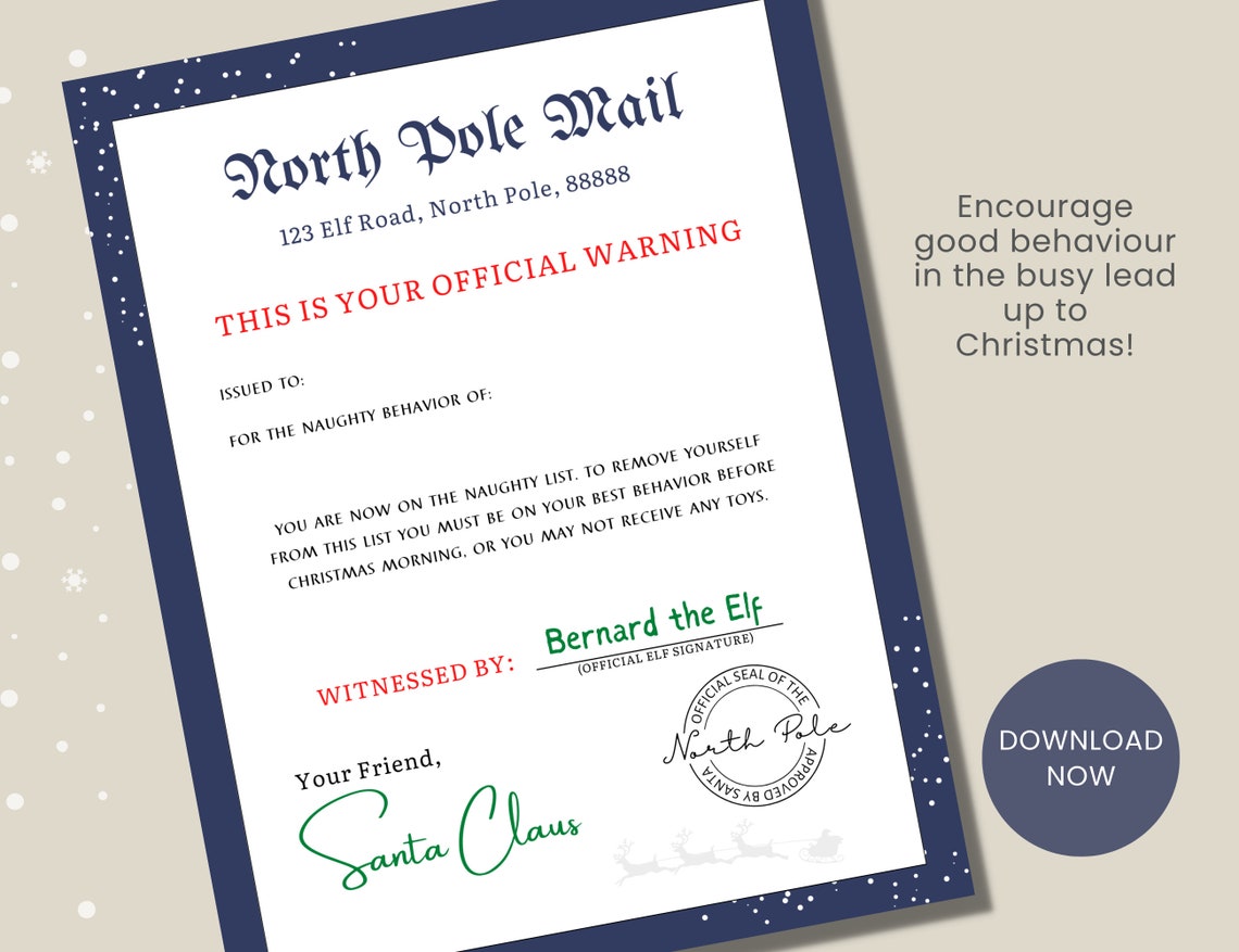 Santa Warning Letter INSTANT DOWNLOAD Naughty List Letter - Etsy