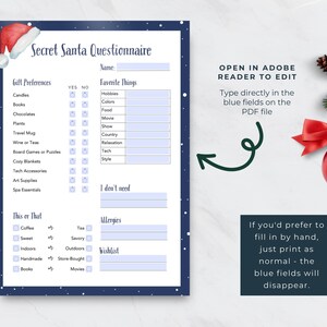Secret Santa Questionnaire Coworkers Editable, Christmas Wish List ...