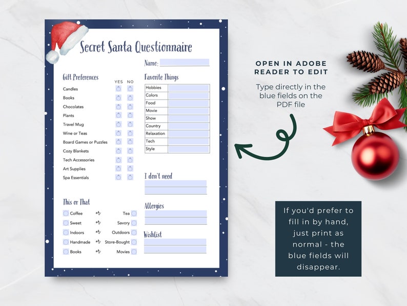 Secret Santa Questionnaire Coworkers Editable, Christmas Wish List ...
