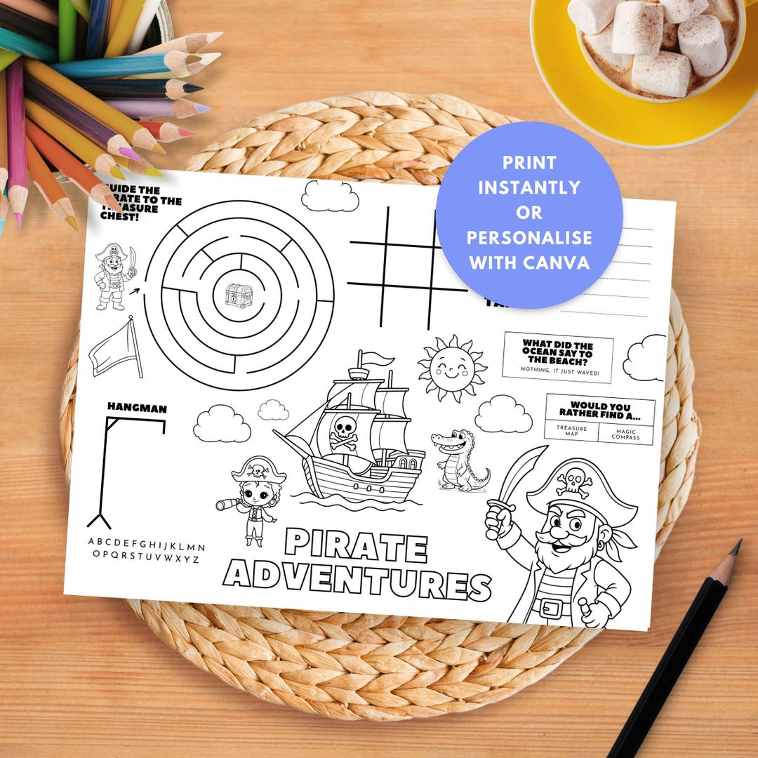 Customisable Pirate Themed Activity Placemat, Birthday Printable, Kids ...