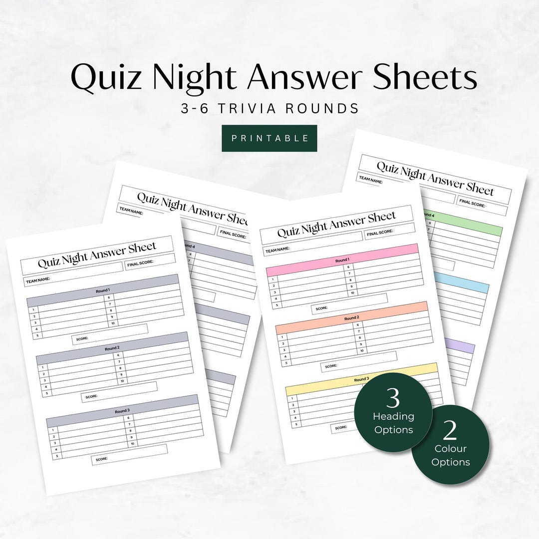 Trivia Night Answer Sheet, Printable Pub Quiz Sheets, 3-6 Rounds, Games ...