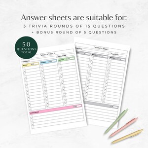 Trivia Night Answer Sheet, 3 Rounds + Bonus / 50 Questions, Printable ...