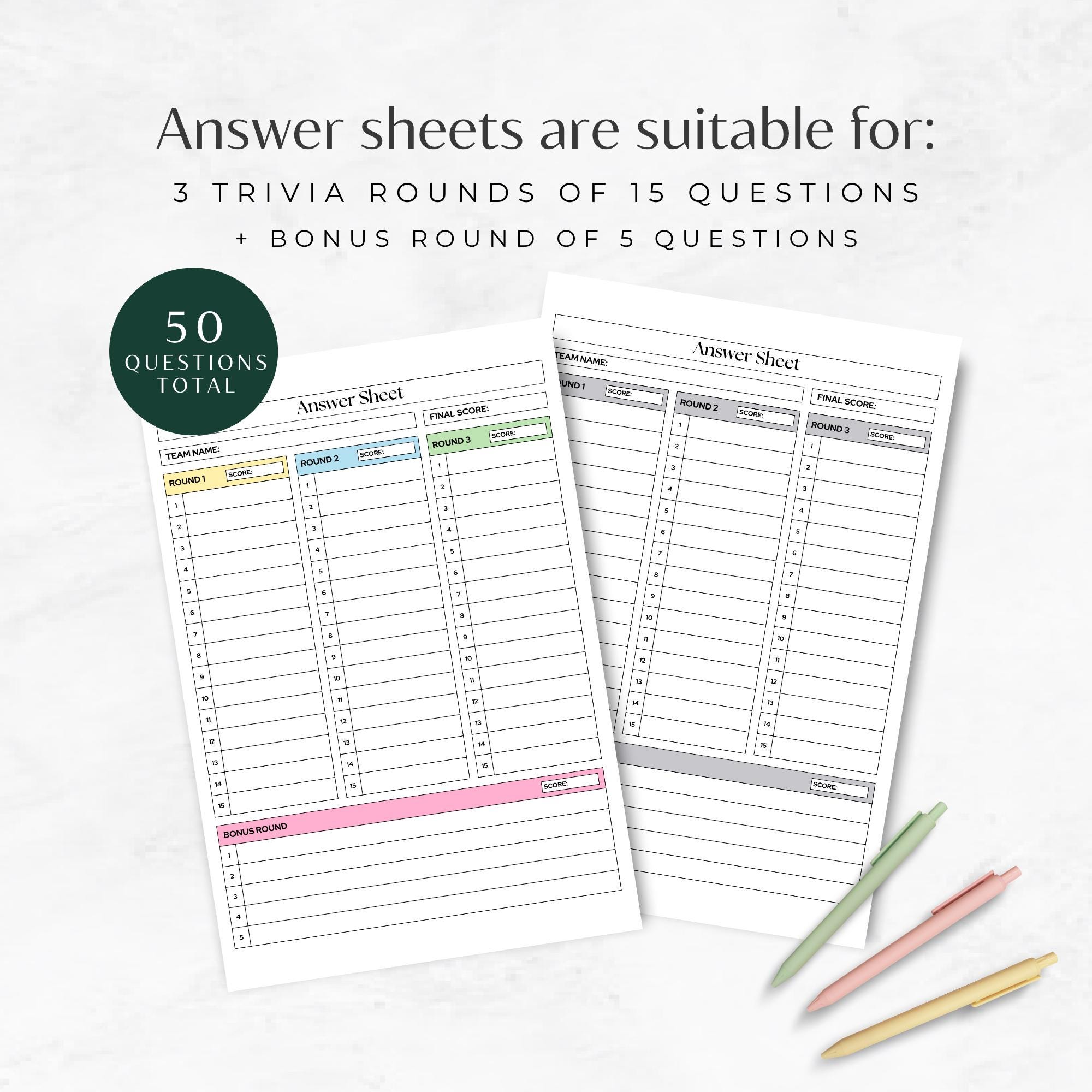 Trivia Night Answer Sheet, 3 Rounds + Bonus / 50 Questions, Printable ...