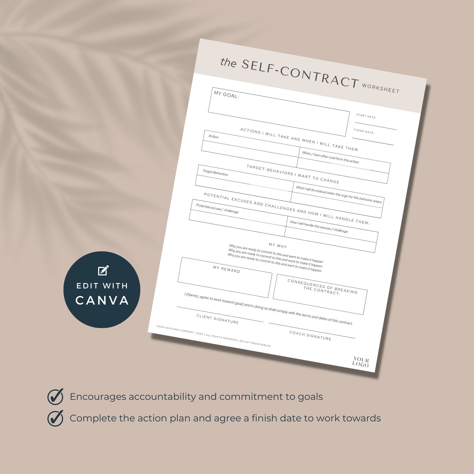 Self Contract Client Worksheet, CANVA TEMPLATE, Coaching Resources for Accountability, Therapy ...