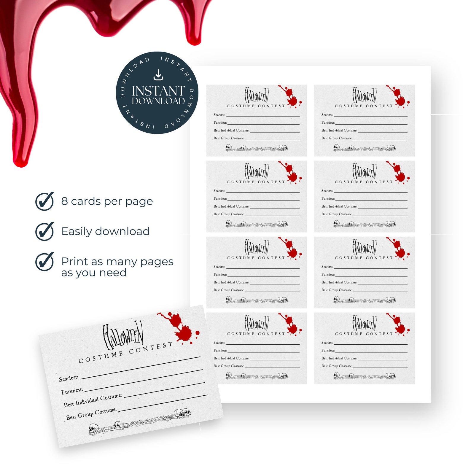 Blood Spatter Halloween Printable, Costume Competition Voting Cards ...
