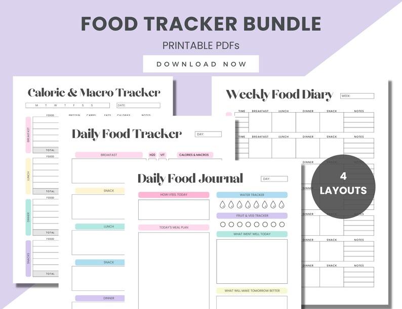 Printable Food Diary Bundle, Daily Food Journal, Calorie and Macro ...
