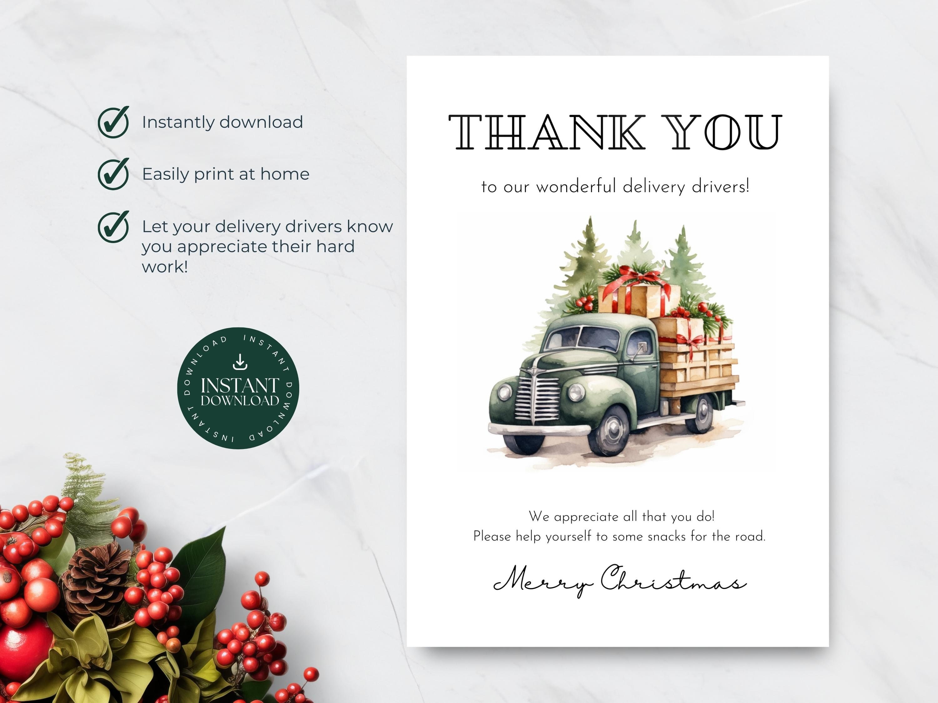 Printable Thank You for Delivery Drivers, Christmas Delivery Driver ...