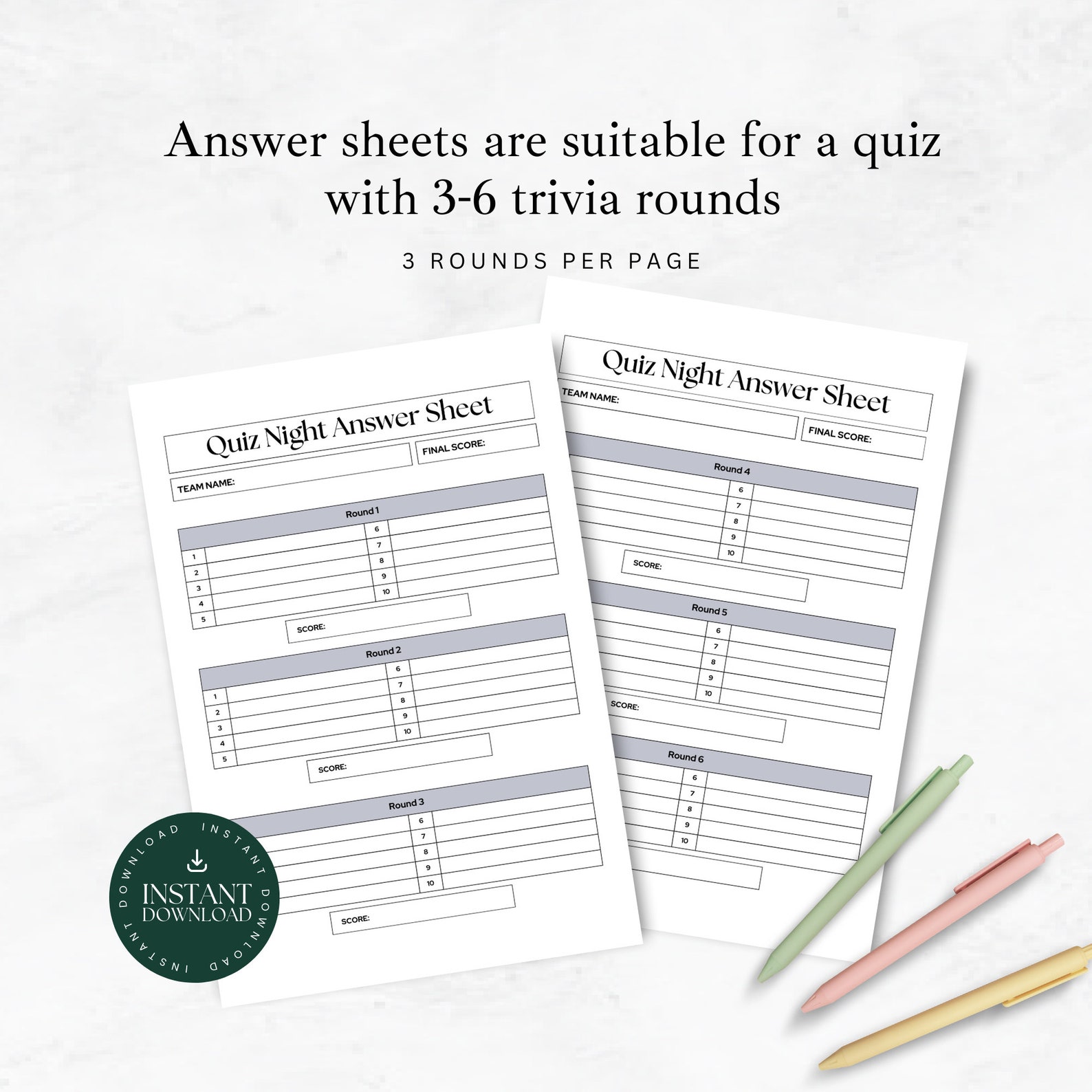 Trivia Night Answer Sheet, Printable Pub Quiz Sheets, 3-6 Rounds, Games ...