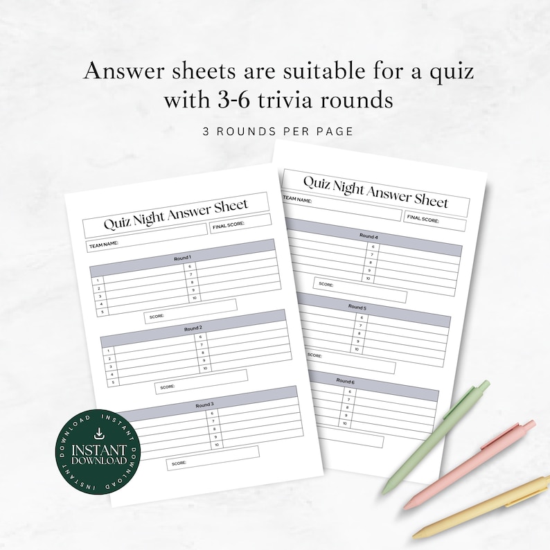 Trivia Night Answer Sheet, Printable Pub Quiz Sheets, 3-6 Rounds, Games ...