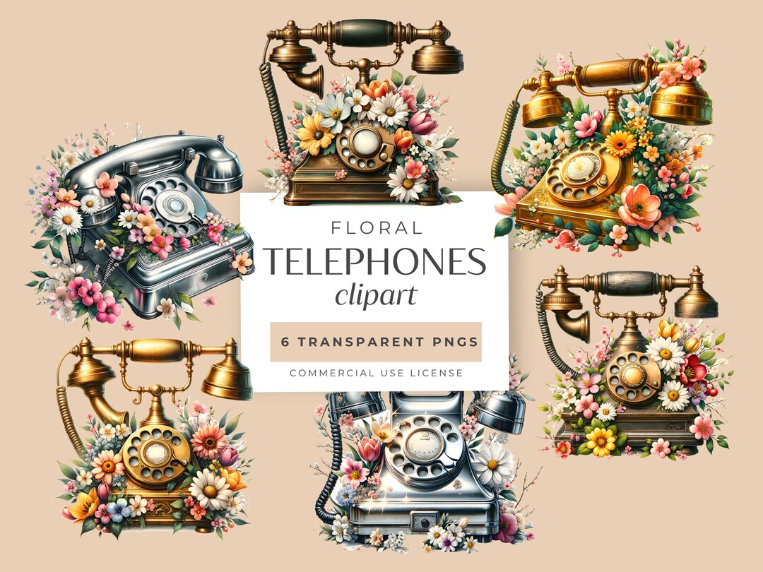 Vintage Telephone Clipart, Floral Rotary Dial Telephone PNG, Antique ...