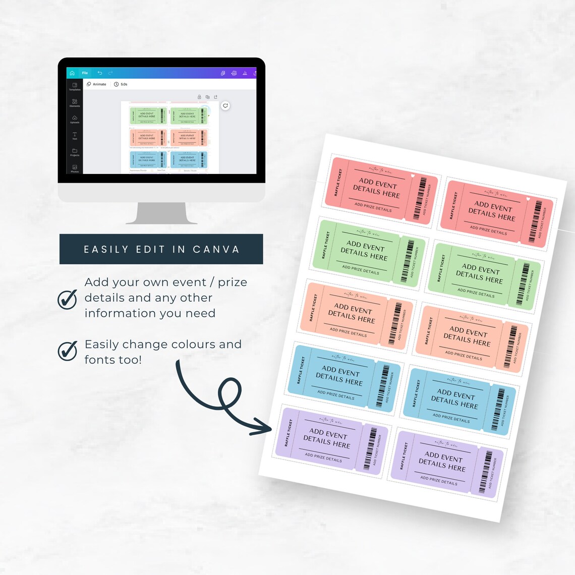 Editable Raffle Ticket Template in Multiple Colours, CANVA TEMPLATE ...