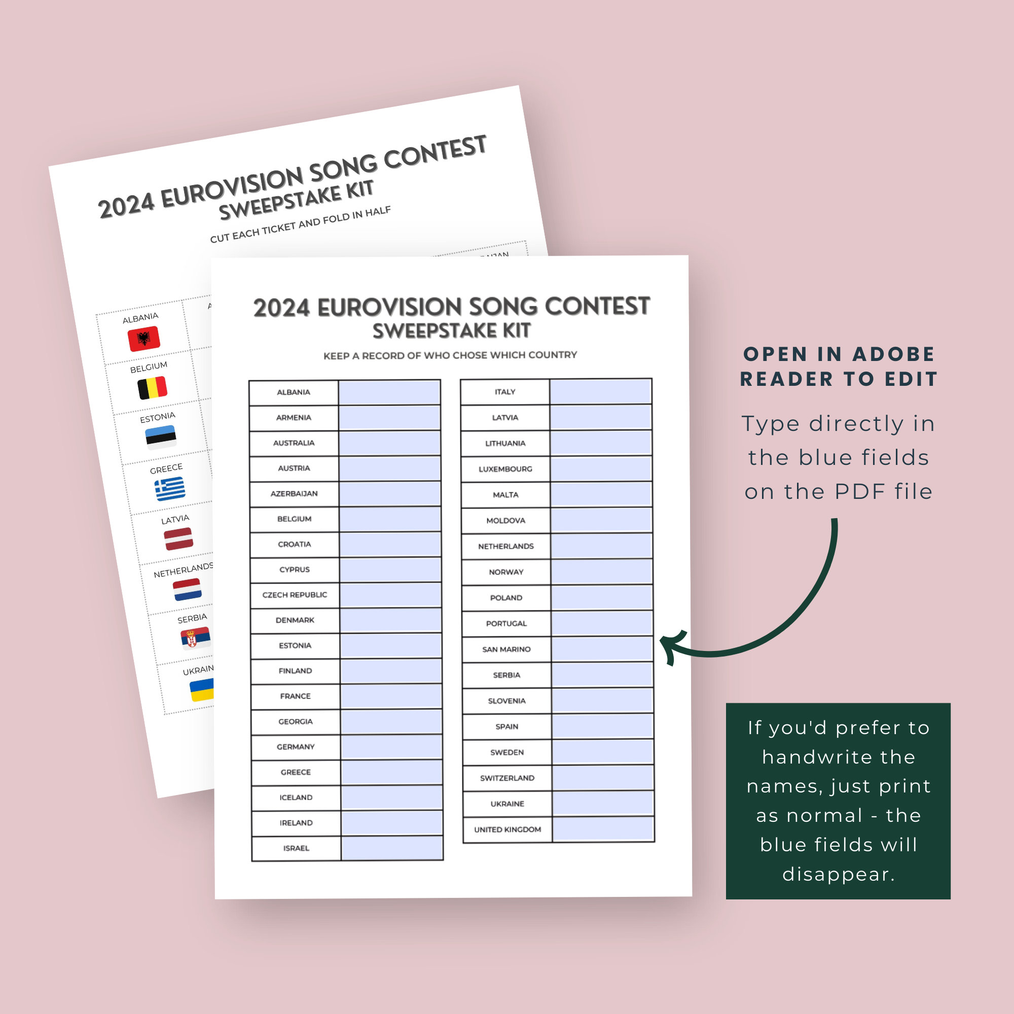 2024 Eurovision Song Contest, DIGITAL DOWNLOAD, Printable Sweepstake ...