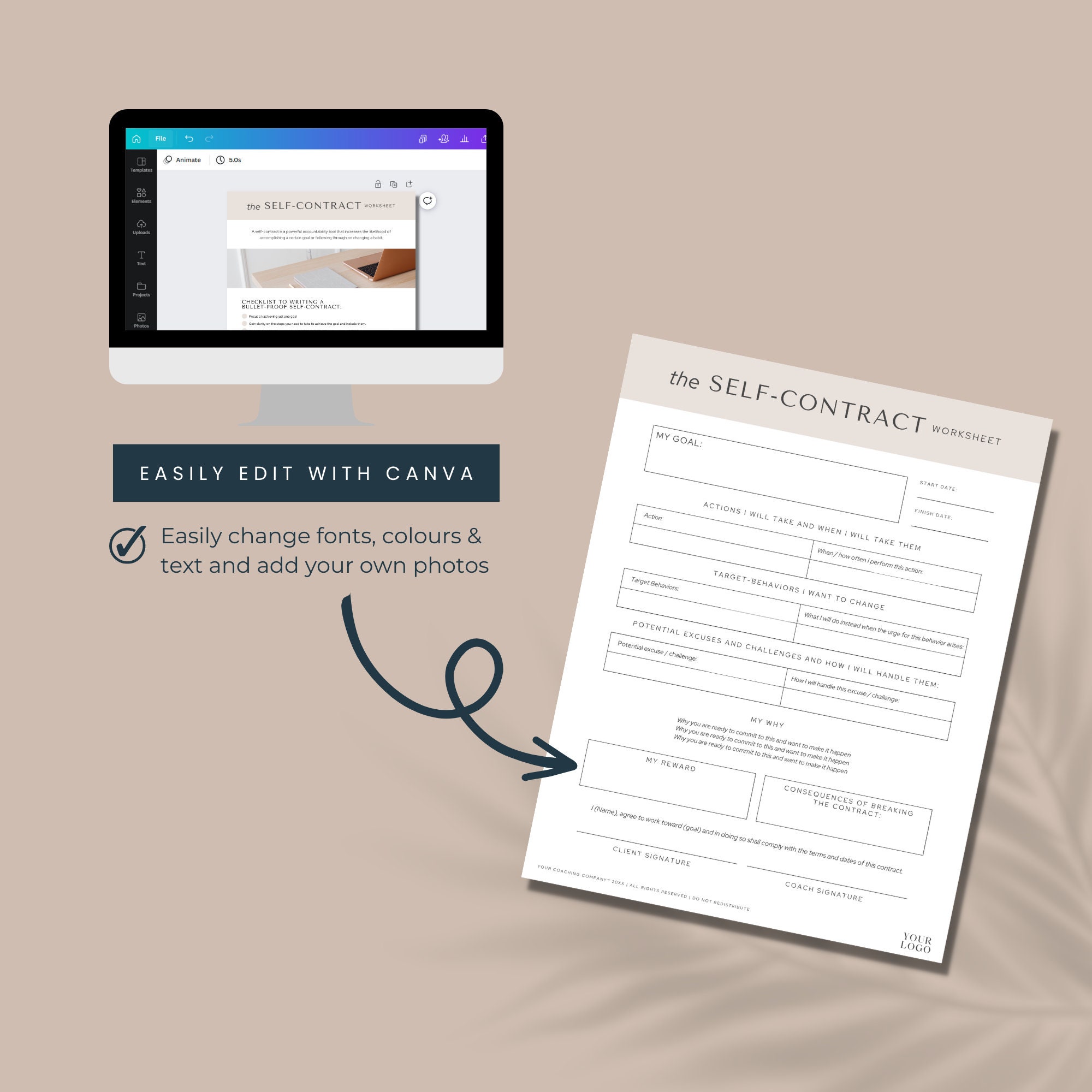 Self Contract Client Worksheet, CANVA TEMPLATE, Coaching Resources for Accountability, Therapy ...