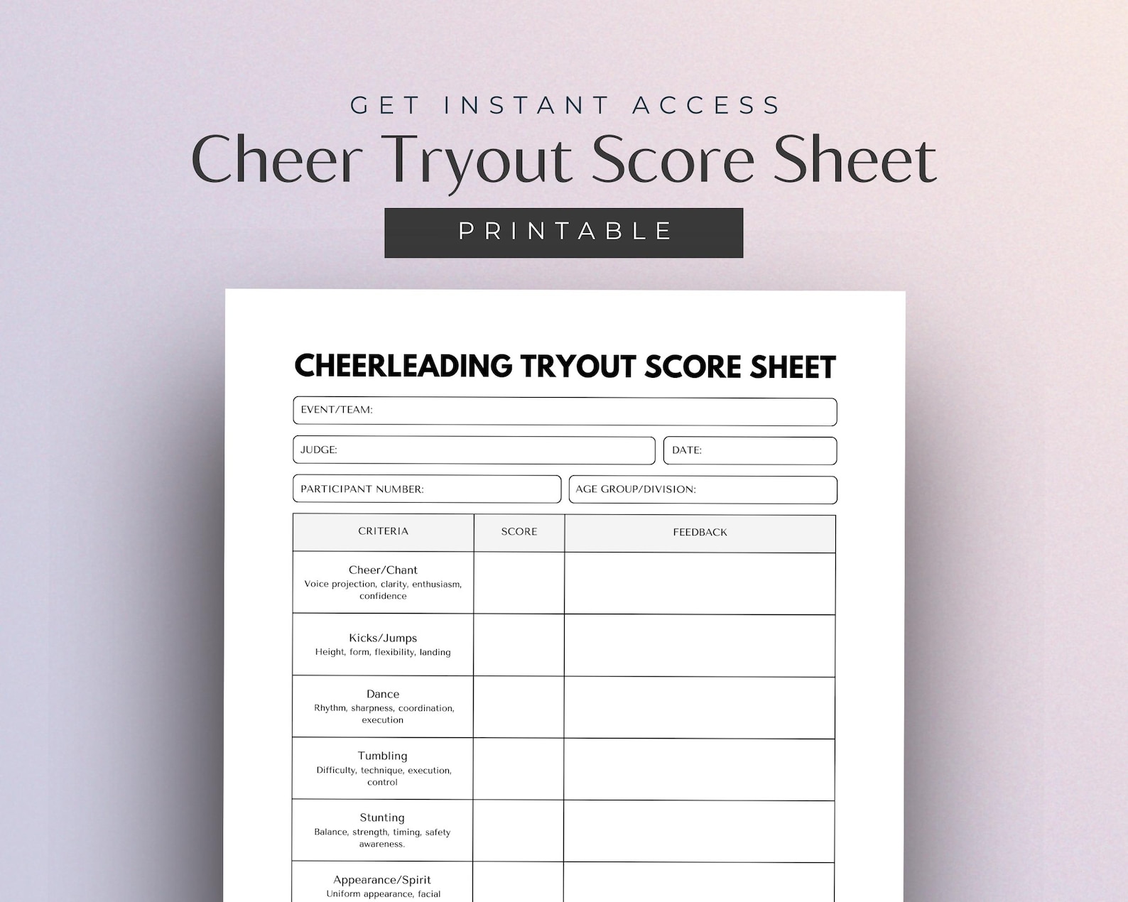Cheerleading Tryout Score Sheet, Judges Score Card, Printable Judging ...