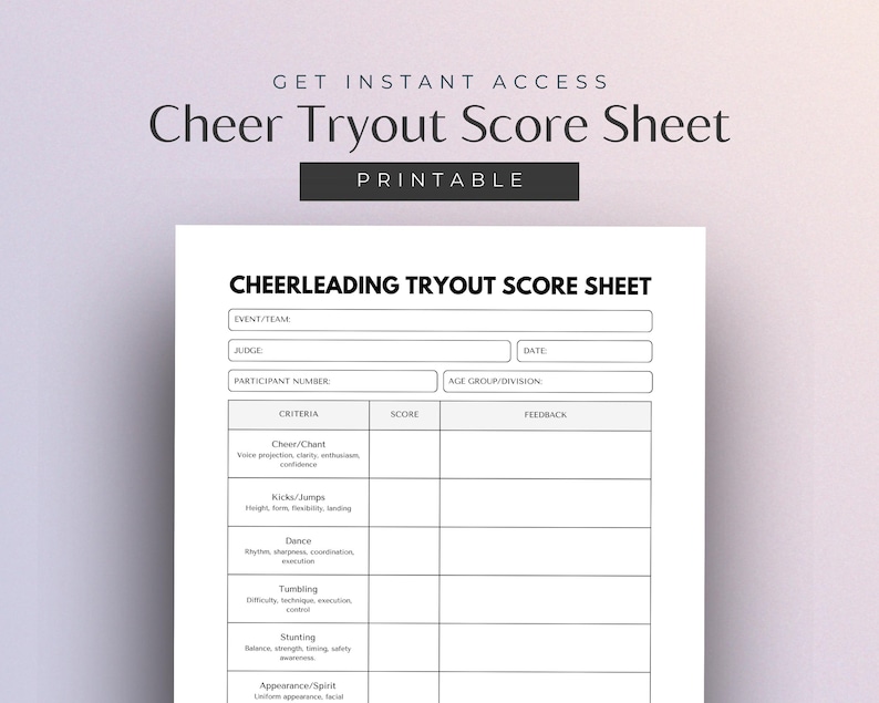 Cheerleading Tryout Score Sheet, Judges Score Card, Printable Judging Sheet, Cheerleader ...