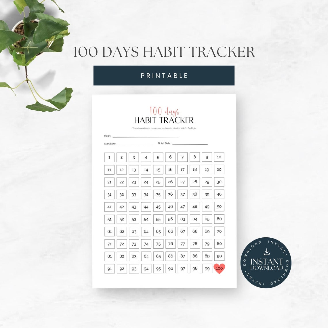 100 Day Habit Tracker, Printable PDF | Digital Planner, Daily Goal ...