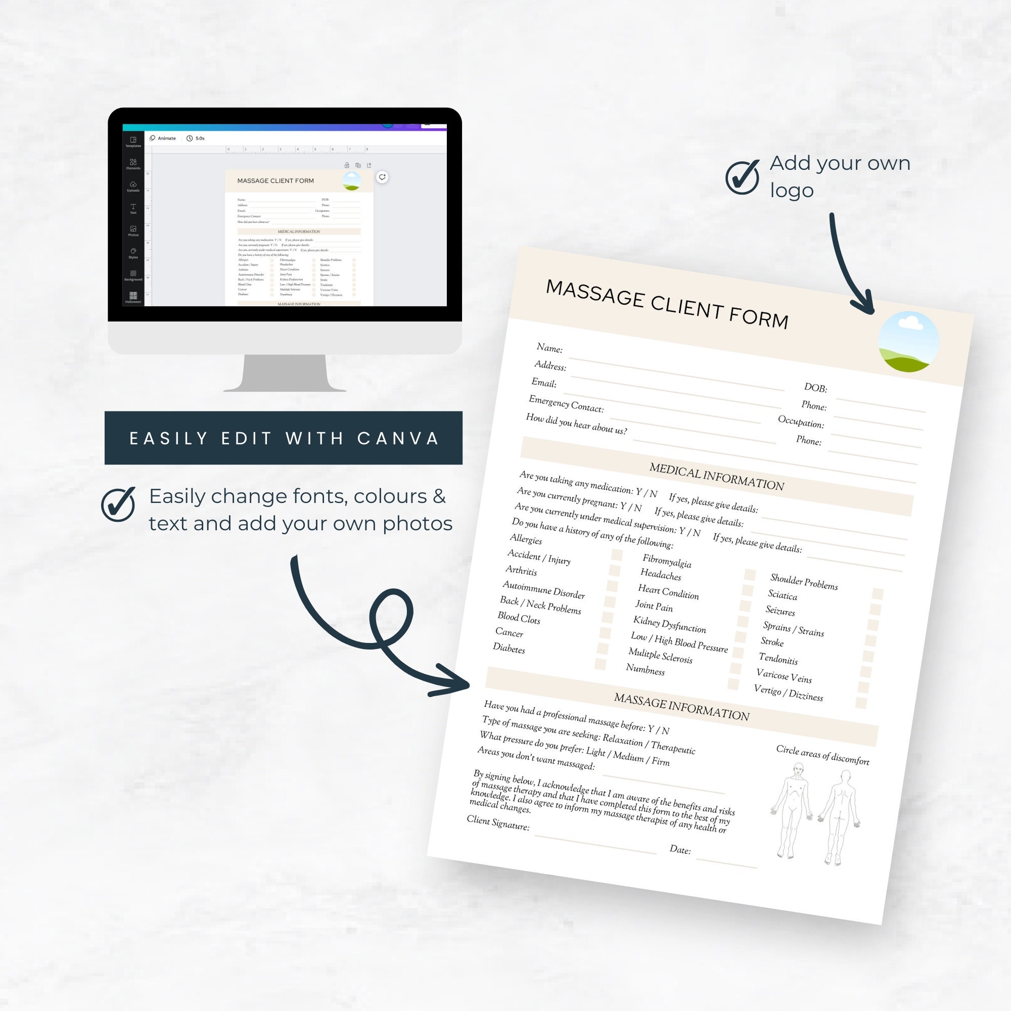 Massage Intake Form, Editable Massage Treatment Form, CANVA TEMPLATE ...