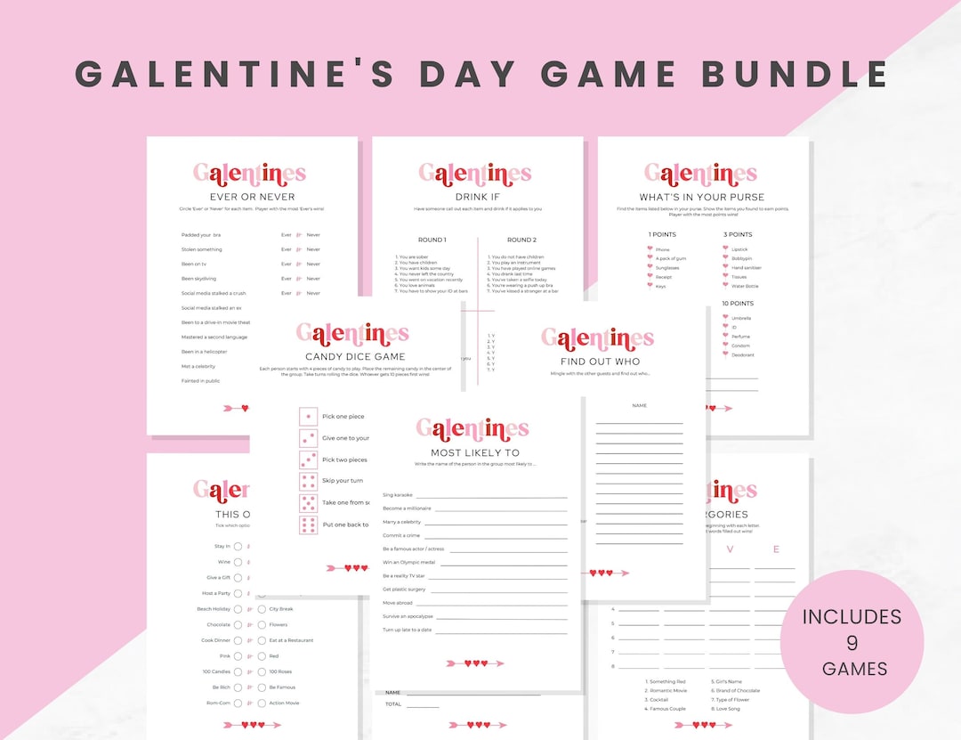Galentine's Day Printable Games Bundle, DIGITAL DOWNLOAD, 9 X Galentine ...
