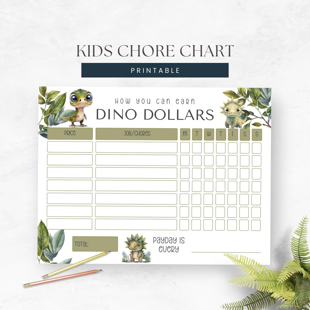 Dinosaur Chore Chart for Kids, Printable How to Earn Money Chart, Kids ...