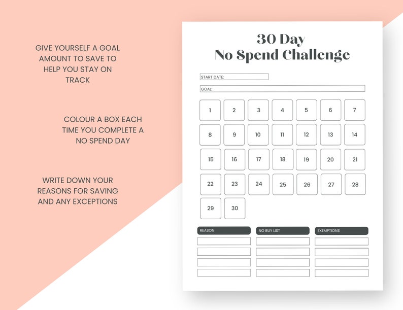 30 Day No Spend Challenge, DIGITAL DOWNLOAD, Savings Tracker, Printable ...
