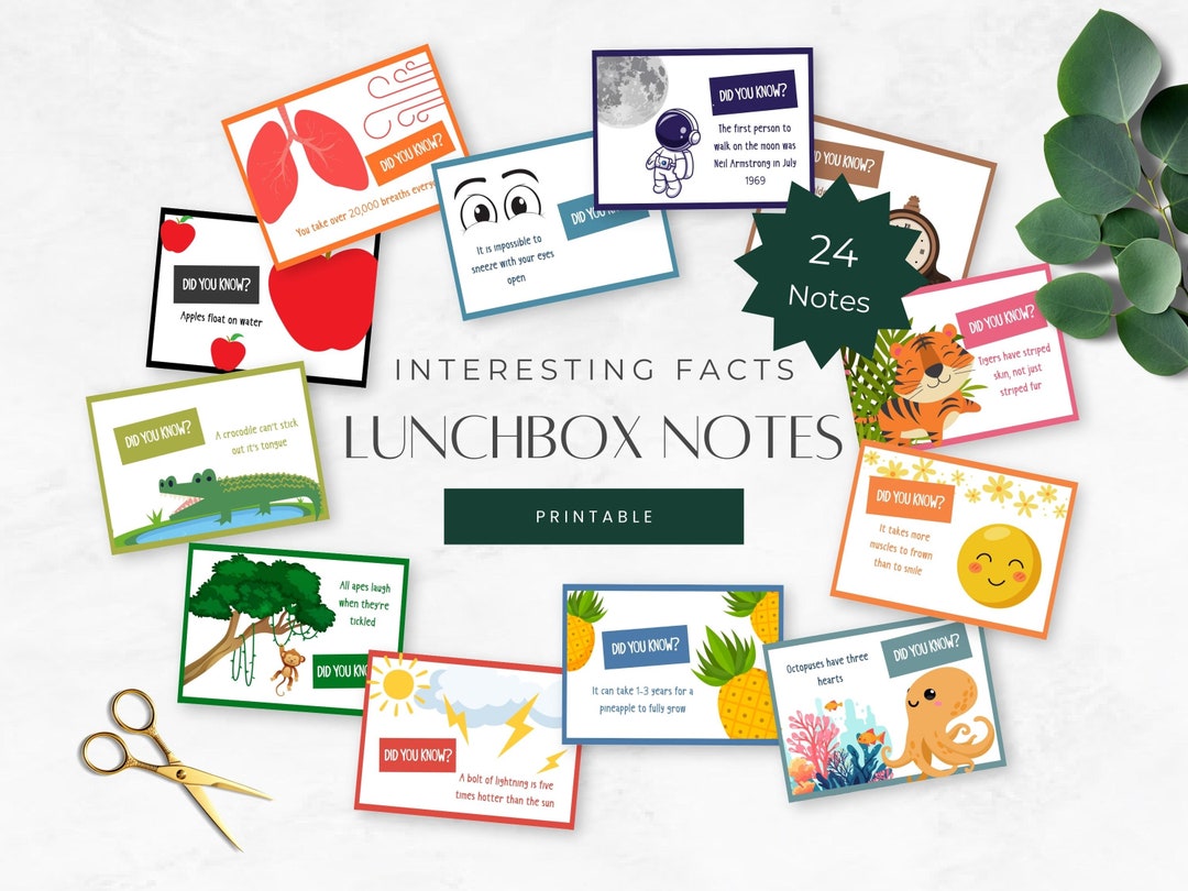 Lunch Notes Fun Facts for Kids, 24 X Printable Lunchbox Cards ...