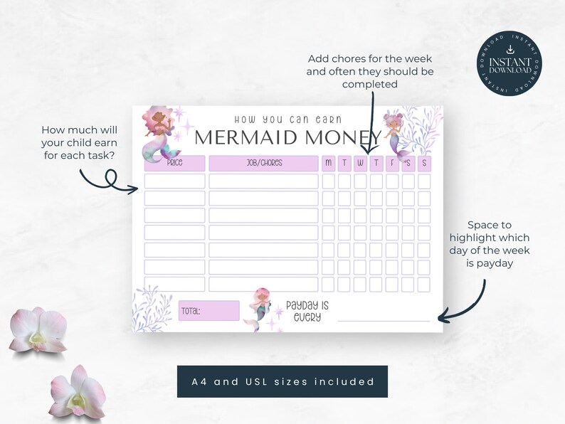 Mermaid Chore Chart for Kids Printable Daily Responsibility - Etsy