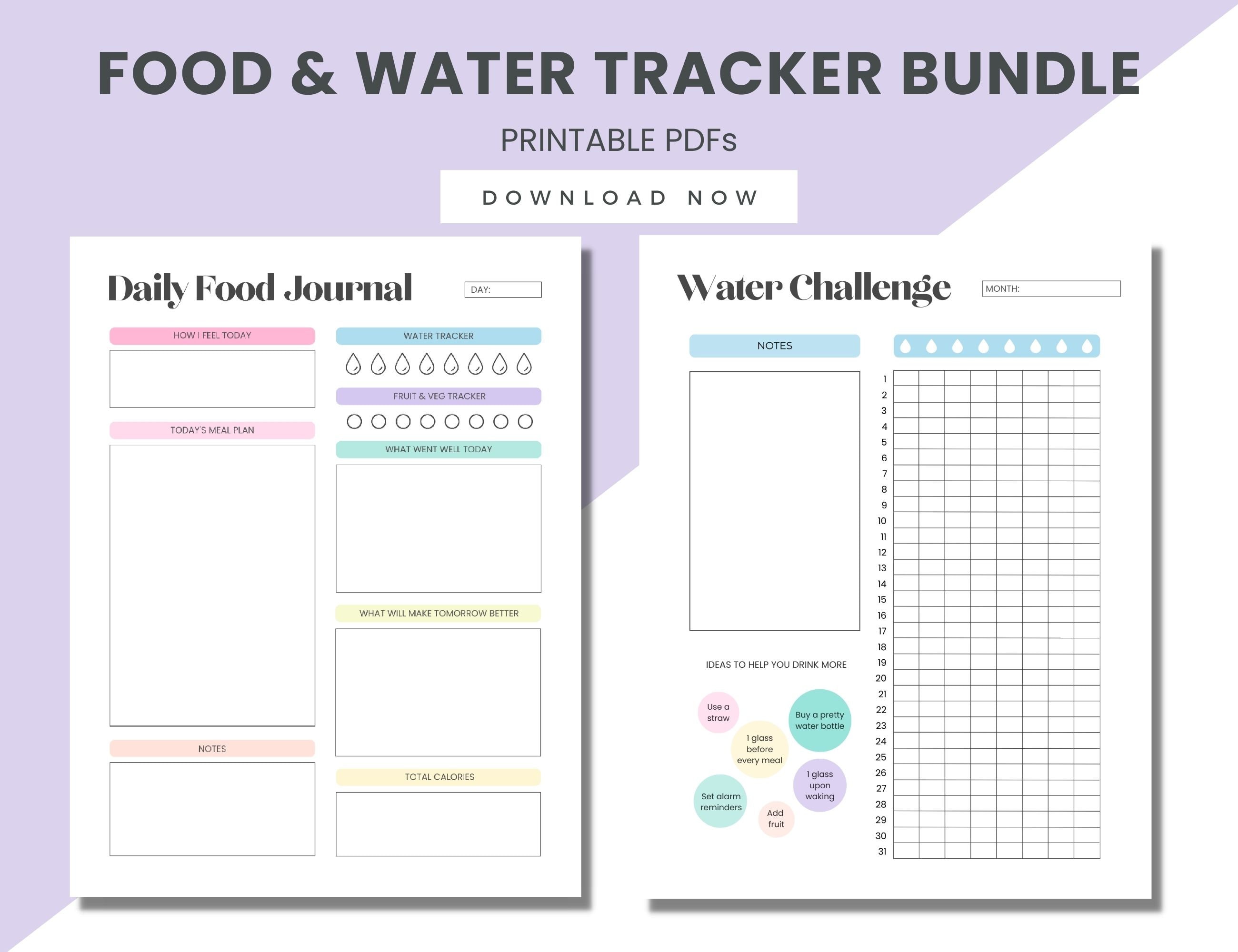 Printable Food & Water Tracker, Daily Food Journal, Water Intake ...