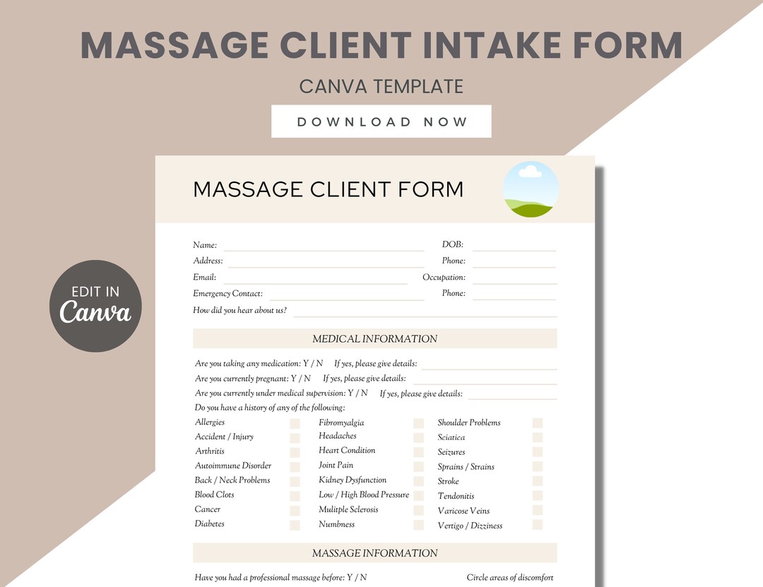 Massage Intake Form Editable Massage Treatment Form CANVA - Etsy
