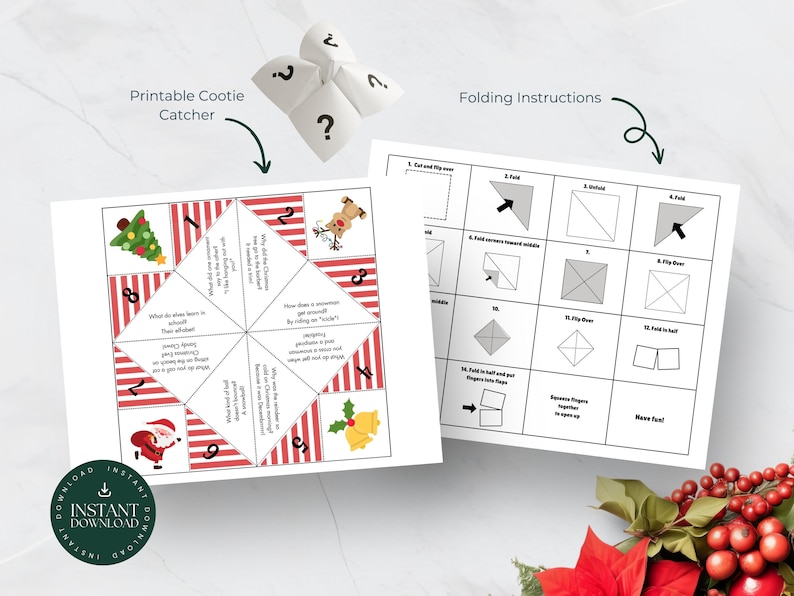 Christmas Jokes Cootie Catcher, Printable Paper Fortune Teller, Festive ...