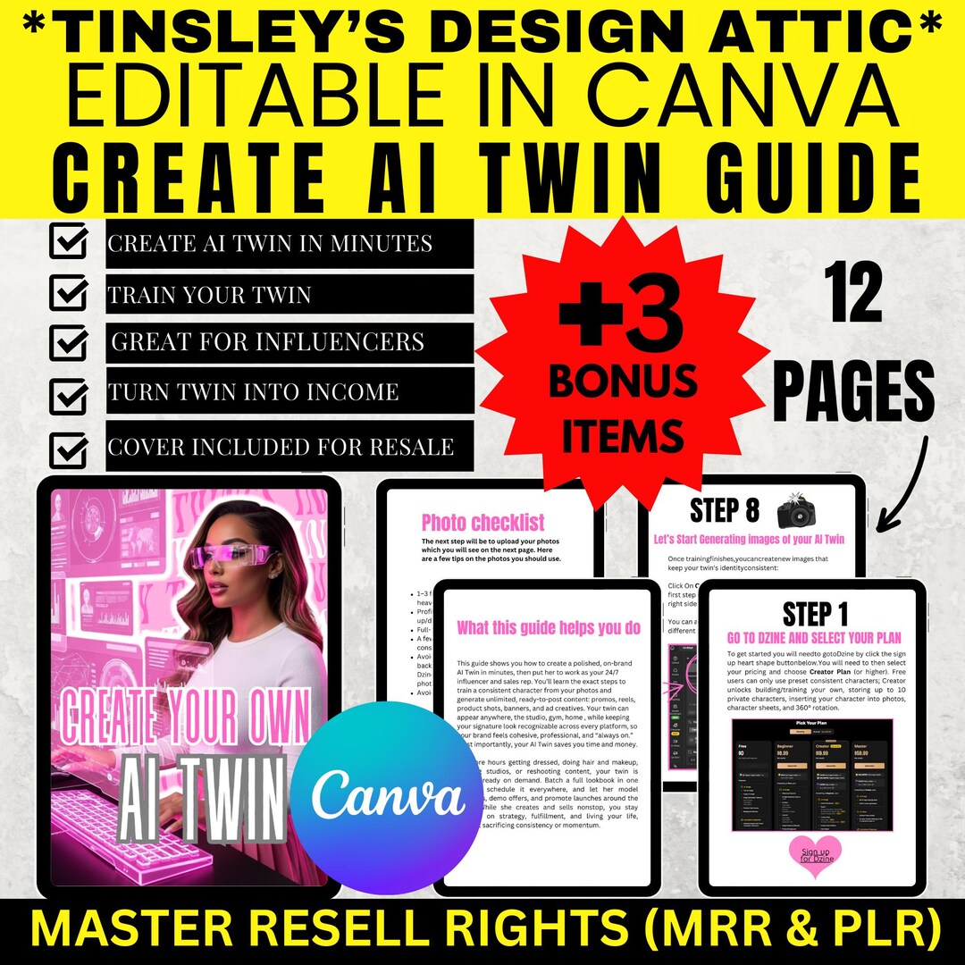 AI Twin Guide: MRR & PLR, Pixar Avatar, Resell Rights (canva Editable ...