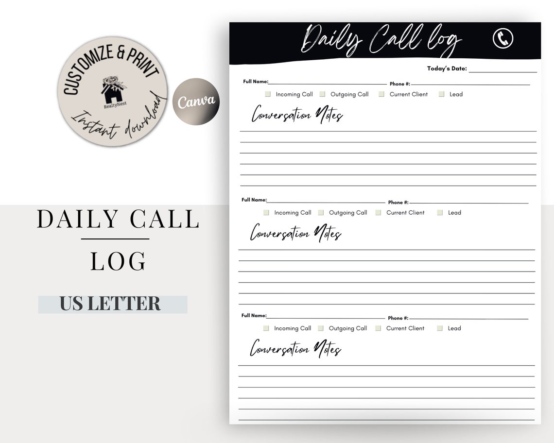 Daily Call Log Call Tracking Forms Real Estate Agent real - Etsy