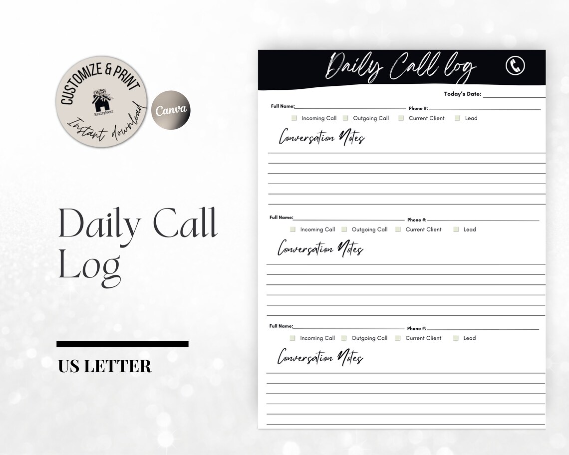 Daily Call Log Call Tracking Forms Real Estate Agent real - Etsy