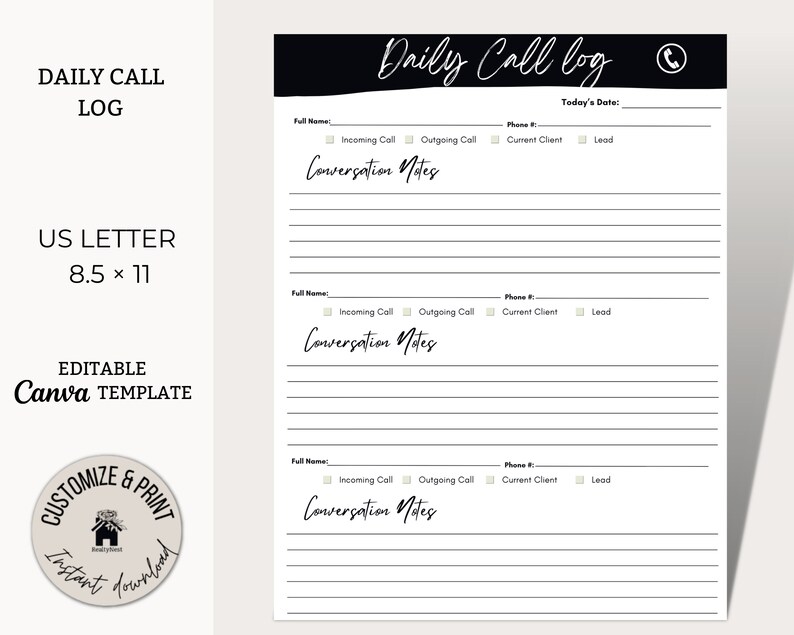 Daily Call Log Call Tracking Forms Real Estate Agent real - Etsy