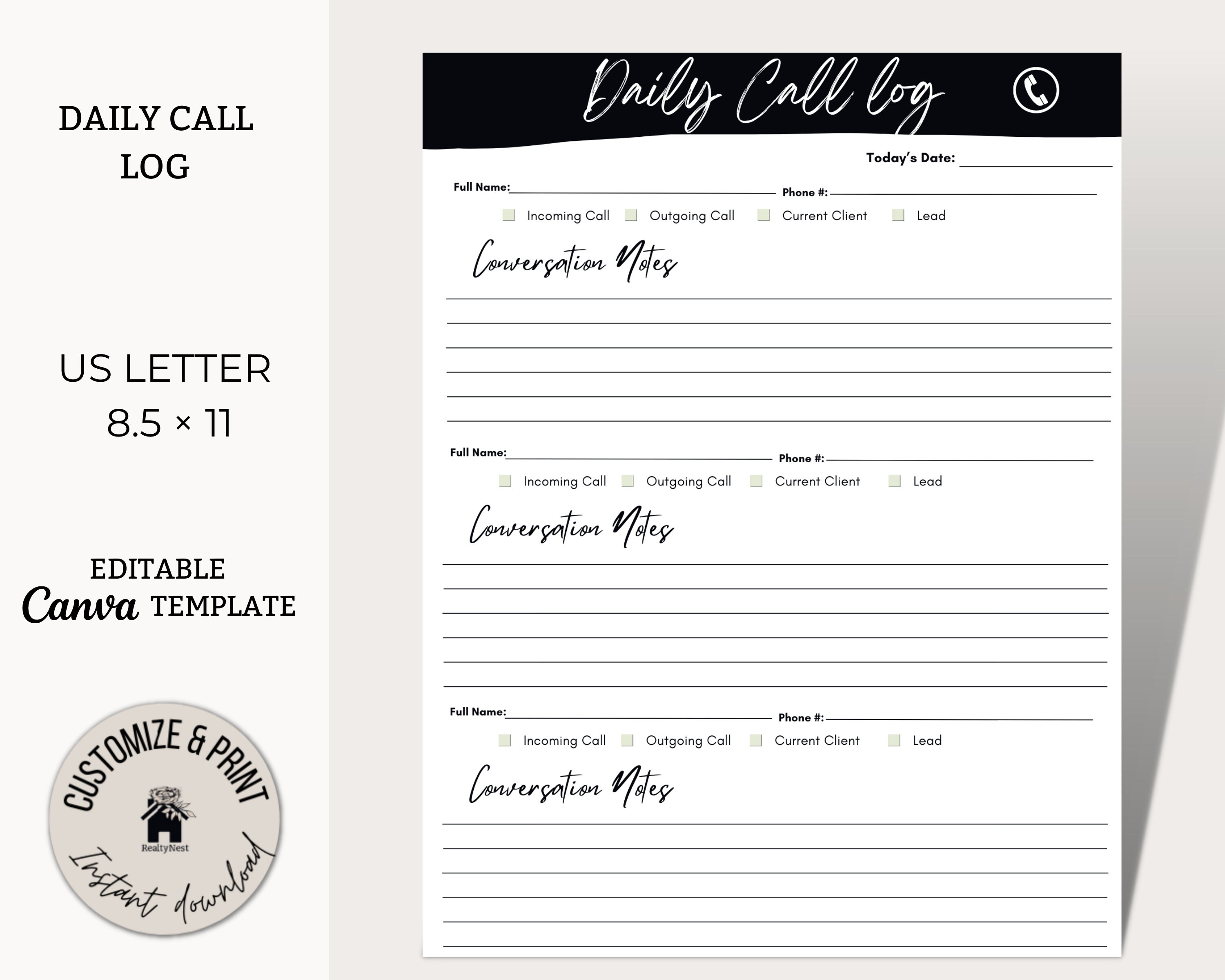 Daily Call Log Call Tracking Forms Real Estate Agent real - Etsy
