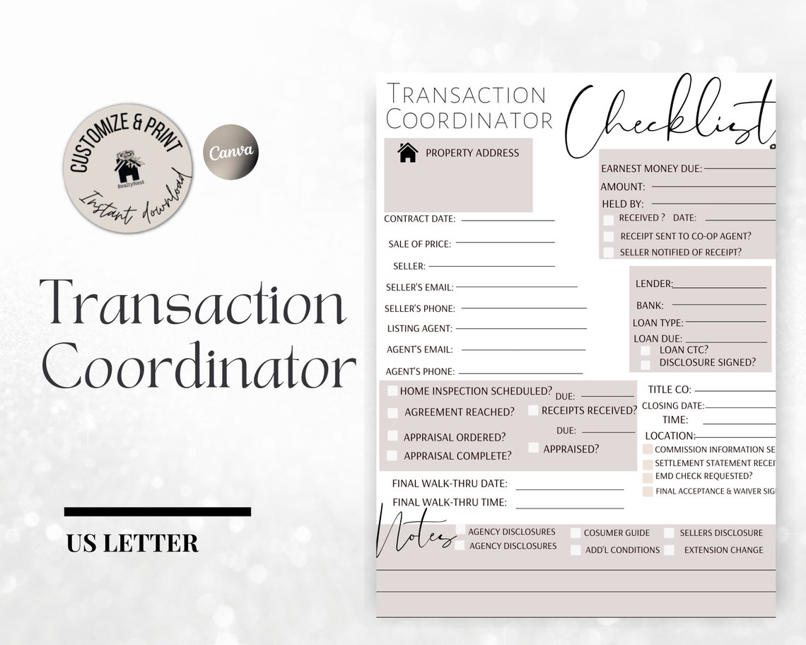 Transaction Coordinator Checklist Canva Template Instant - Etsy
