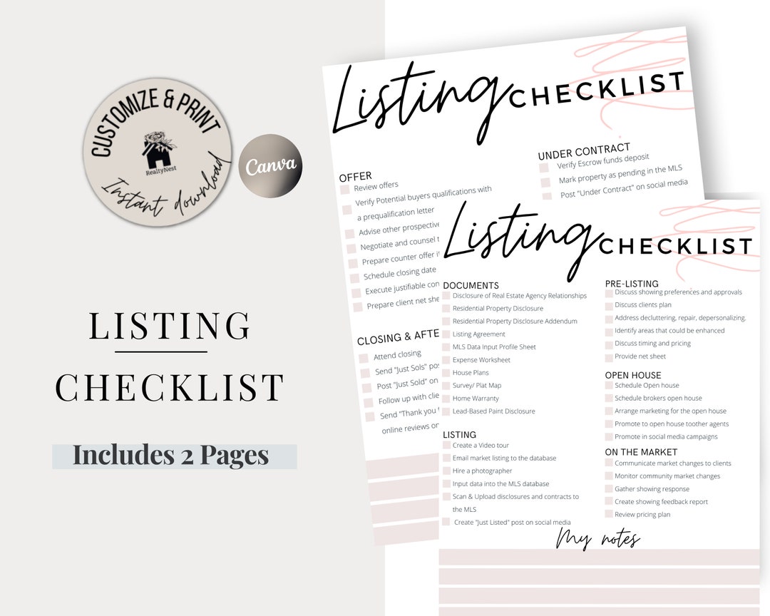Editable Realtor Listing Checklist Real Estate Transaction - Etsy