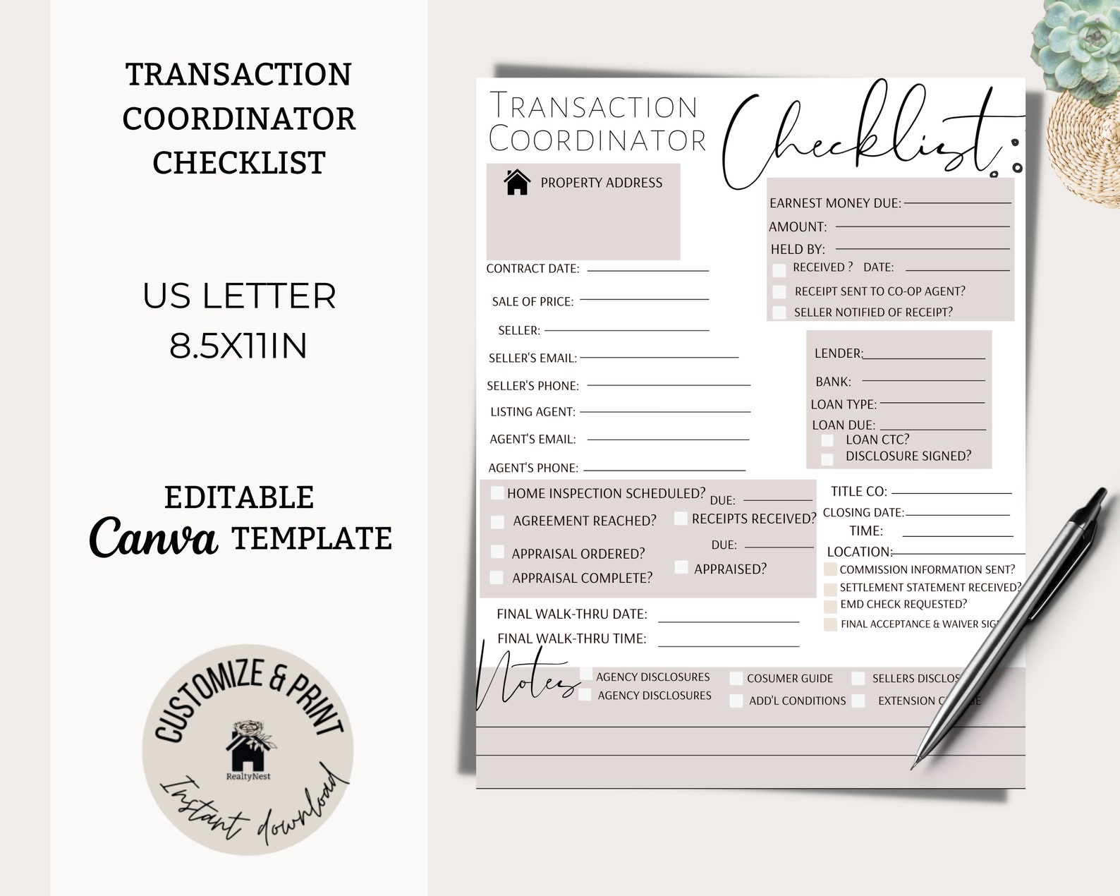 Transaction Coordinator Checklist Canva Template Instant Download ...