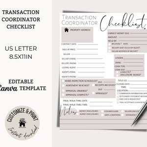 Transaction Coordinator Checklist Canva Template Instant Download Printable Real Estate Agent ...