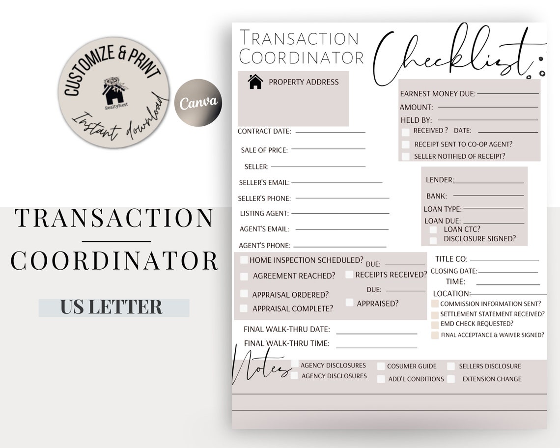 Transaction Coordinator Checklist Canva Template Instant - Etsy