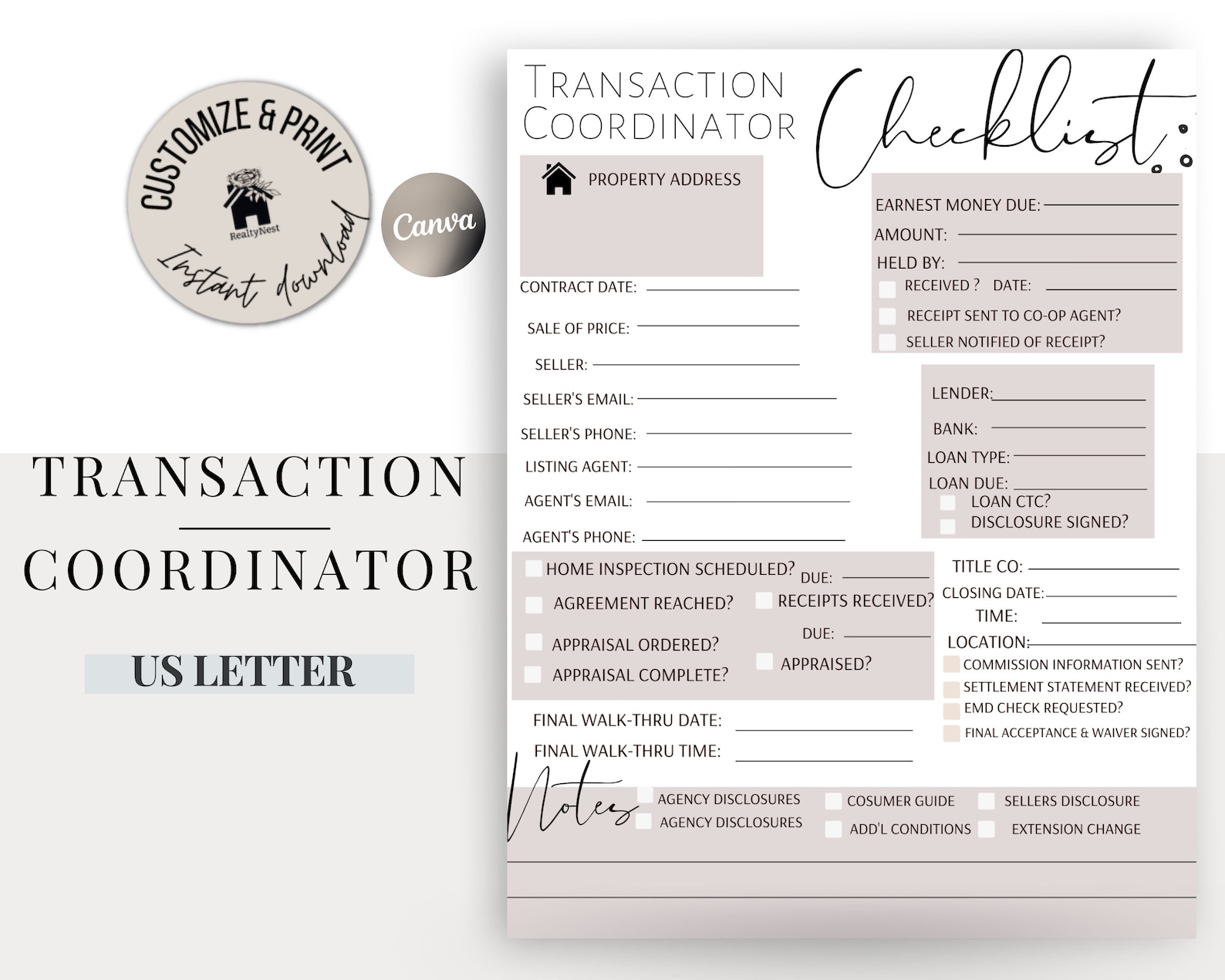 Transaction Coordinator Checklist Canva Template Instant - Etsy