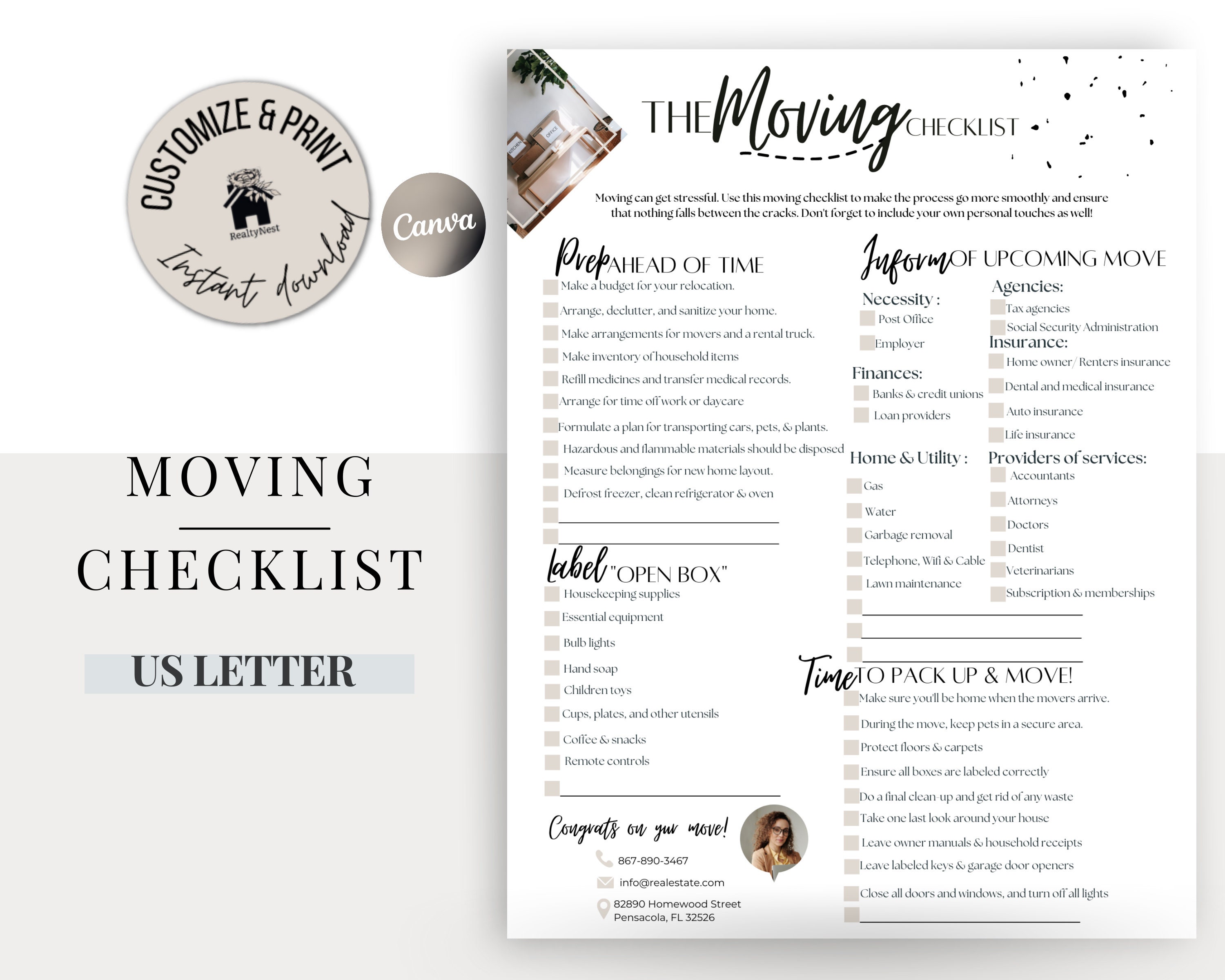 Real Estate Moving Checklist Realtor Moving Guide Printable | Etsy