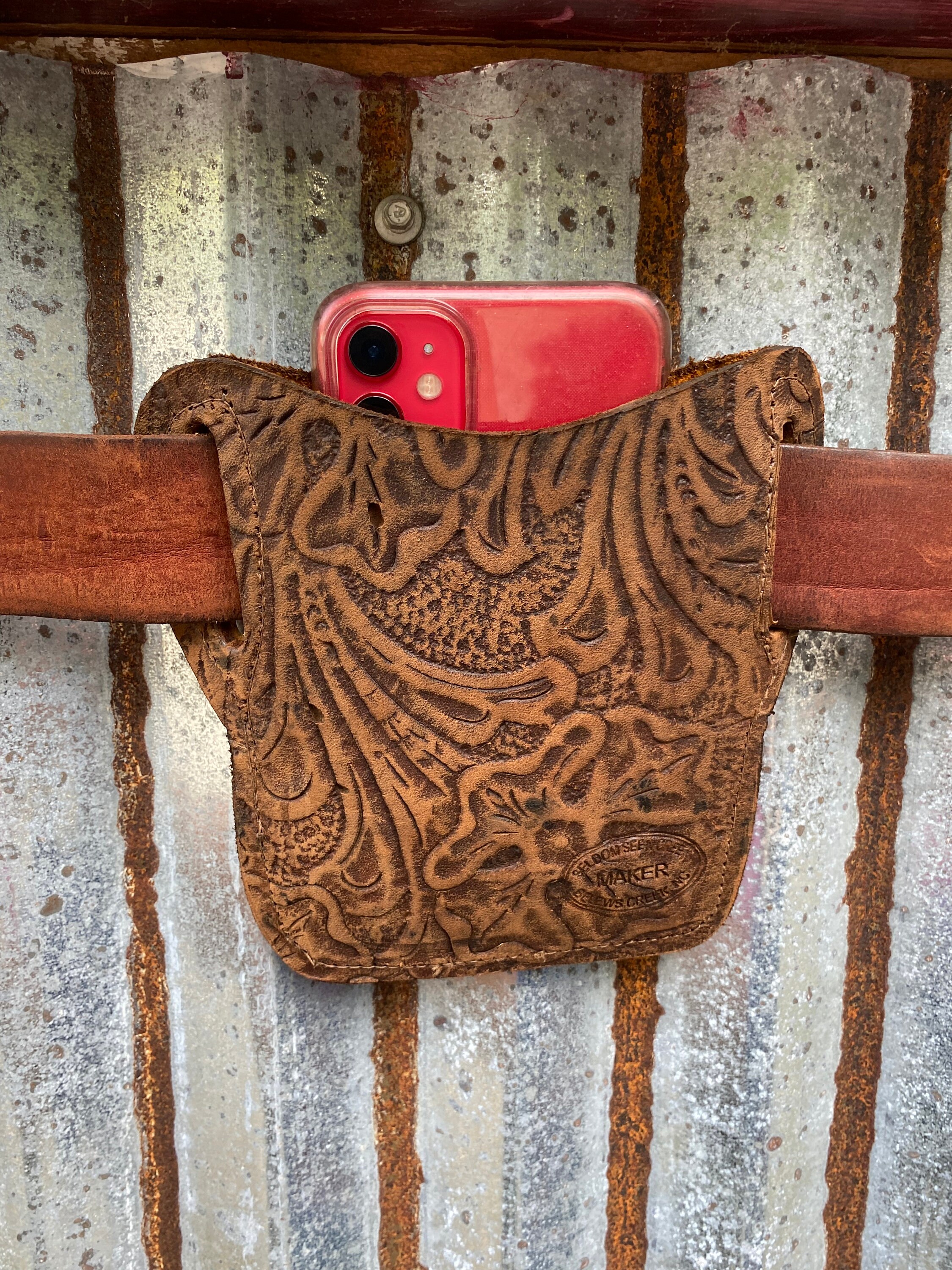 Vintage Leather Tooled Phone Pouch - Etsy