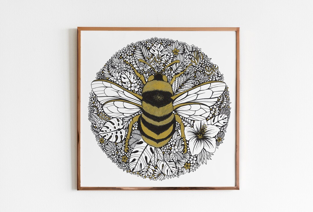 Jungle Bee and Leaves Black and Gold Print Illustration 30 X 30 Cm - Etsy