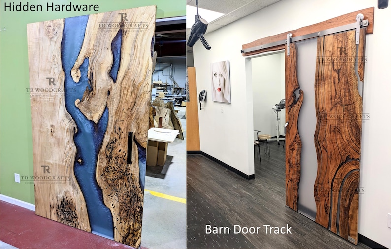 Custom Epoxy Resin River Live Edge Modern Hidden Hardware Sliding Barn ...