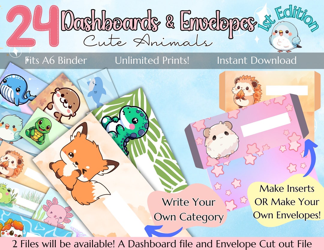24 Blank Dashboard & Envelope - Cute Animals 1st Edition | A6 Cash ...